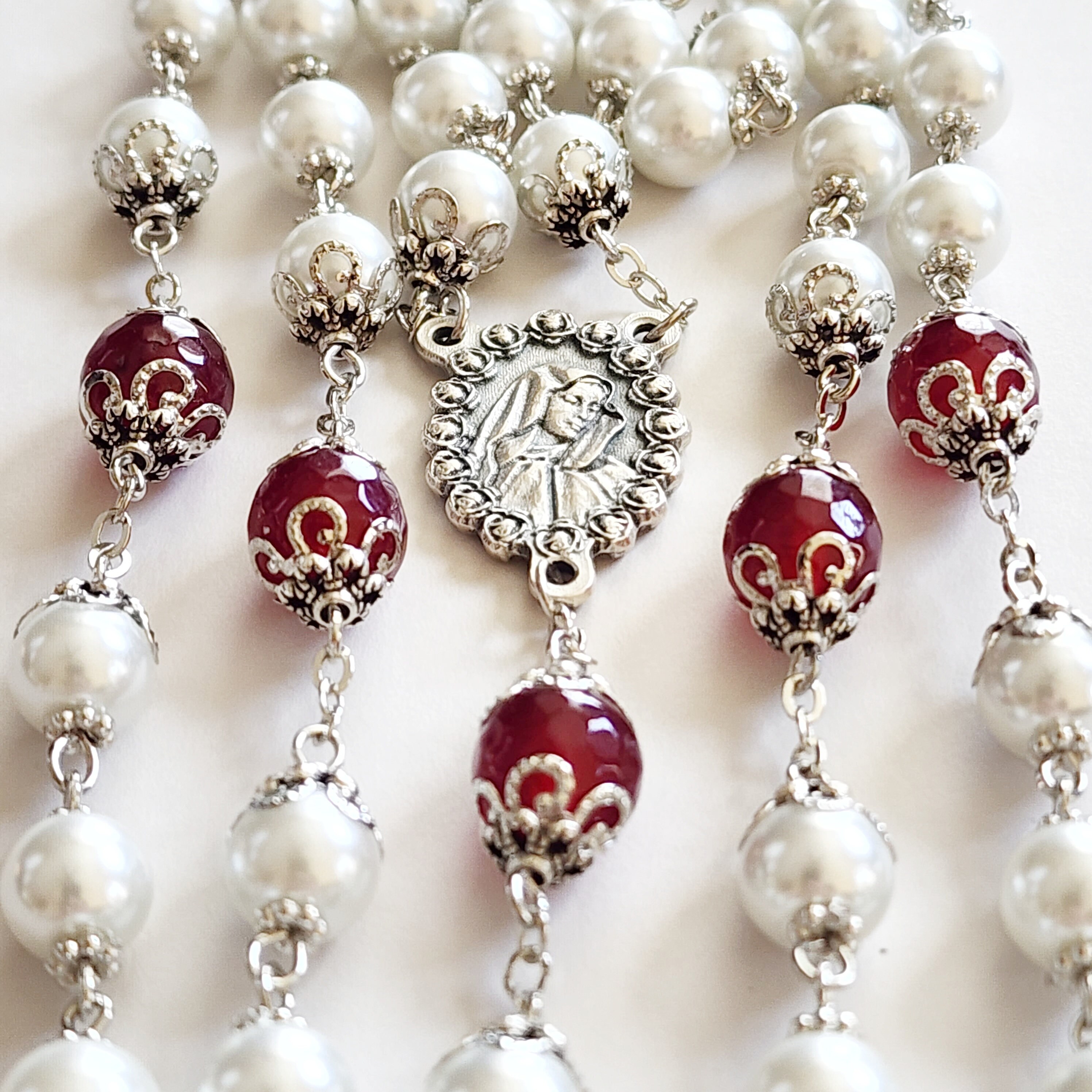 Our Lady of Grace Catholic Rosary Red Garnet White Pearl - Etsy