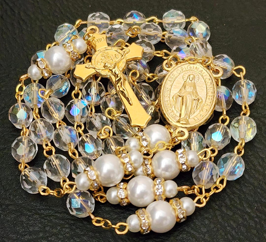 April Birthday Rosary, Diamond Pearl Gold Catholic Rosary, Mother's Day ...