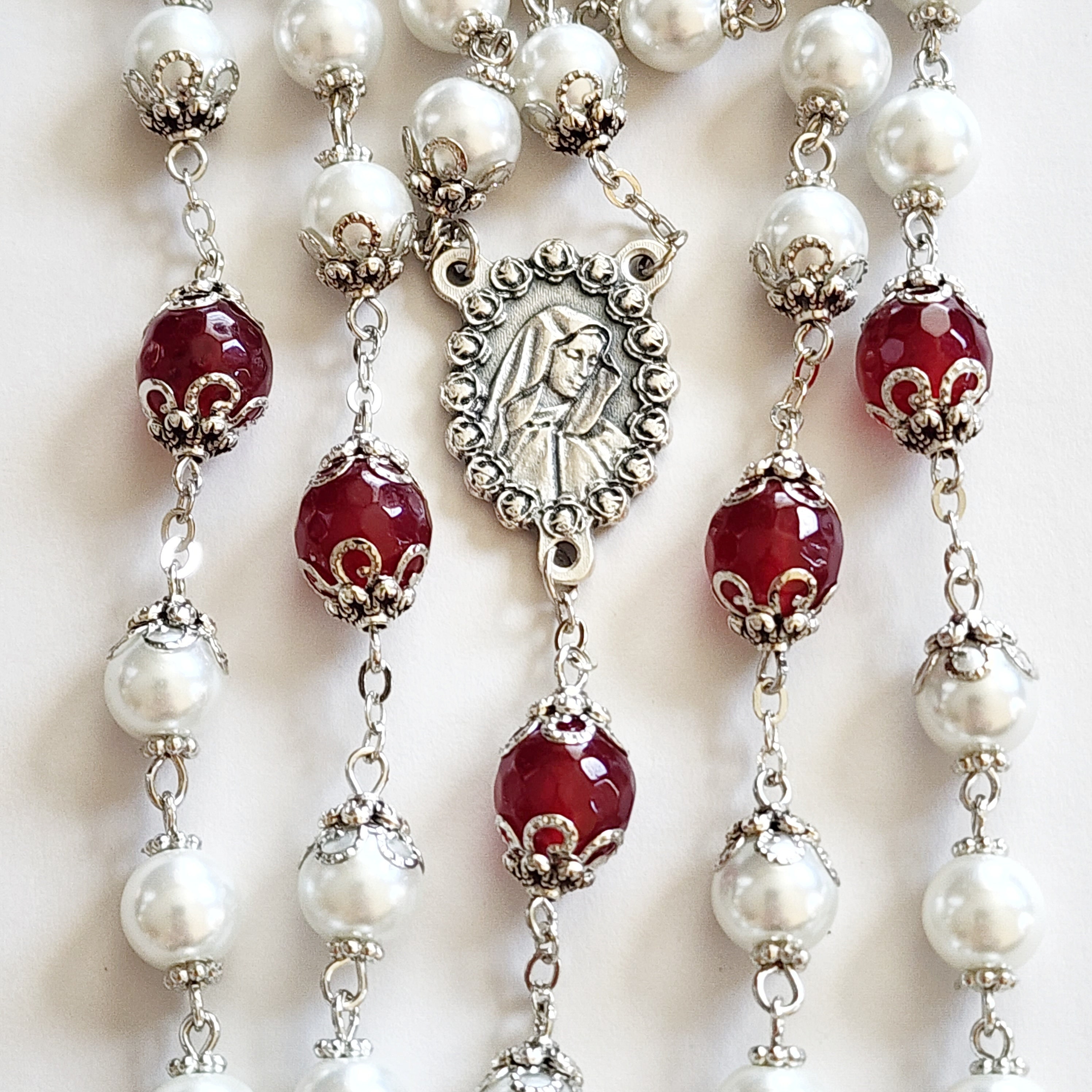 Our Lady of Grace Catholic Rosary Red Garnet White Pearl - Etsy