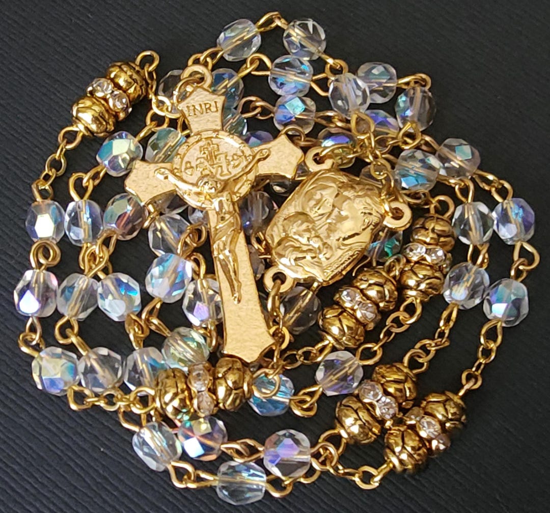 Holy Family Rosary, Holy Spirit Rosary, Gold Tone Rosary, Iridescent ...