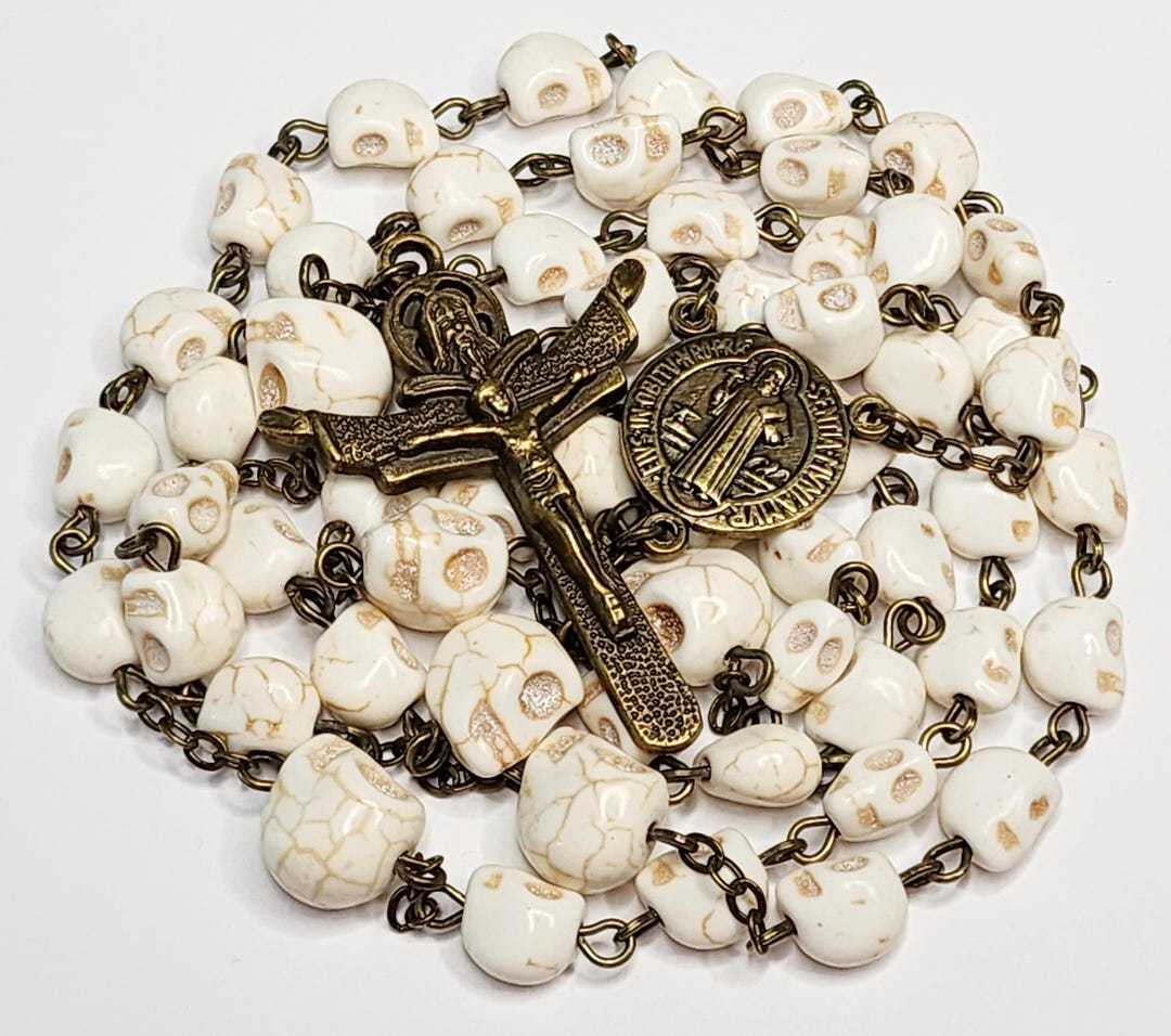 Memento Mori Catholic Rosary - Skull Bronze Rosary - St Benedict Rosary ...