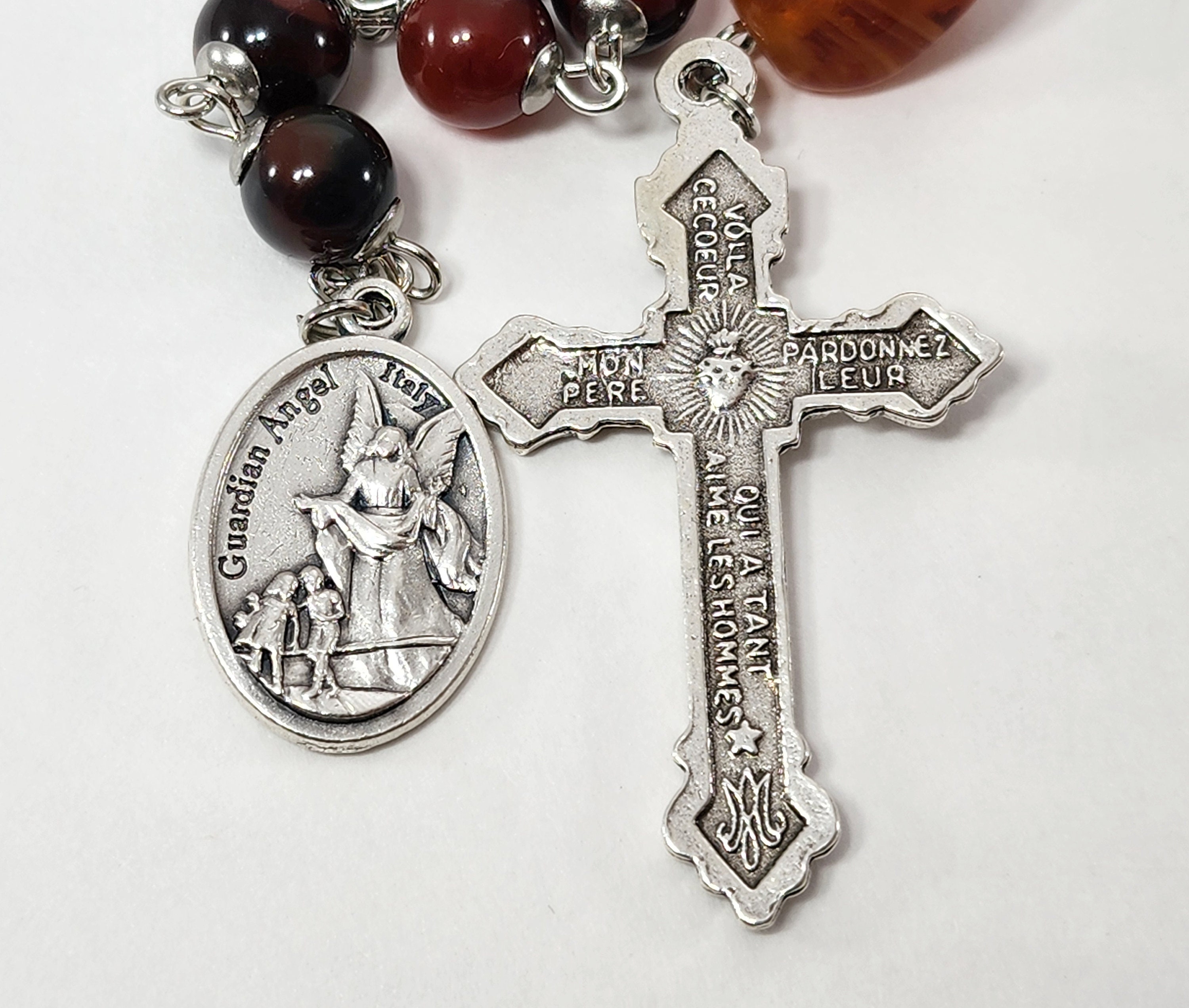 St Michael One Decade Rosary - Catholic Pocket Tenner - Brown Agate ...