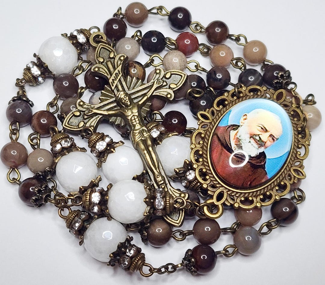 Saint Padre Pio Rosary, Genuine Wood Jade Beads Rosary, Padre Pio Brown ...