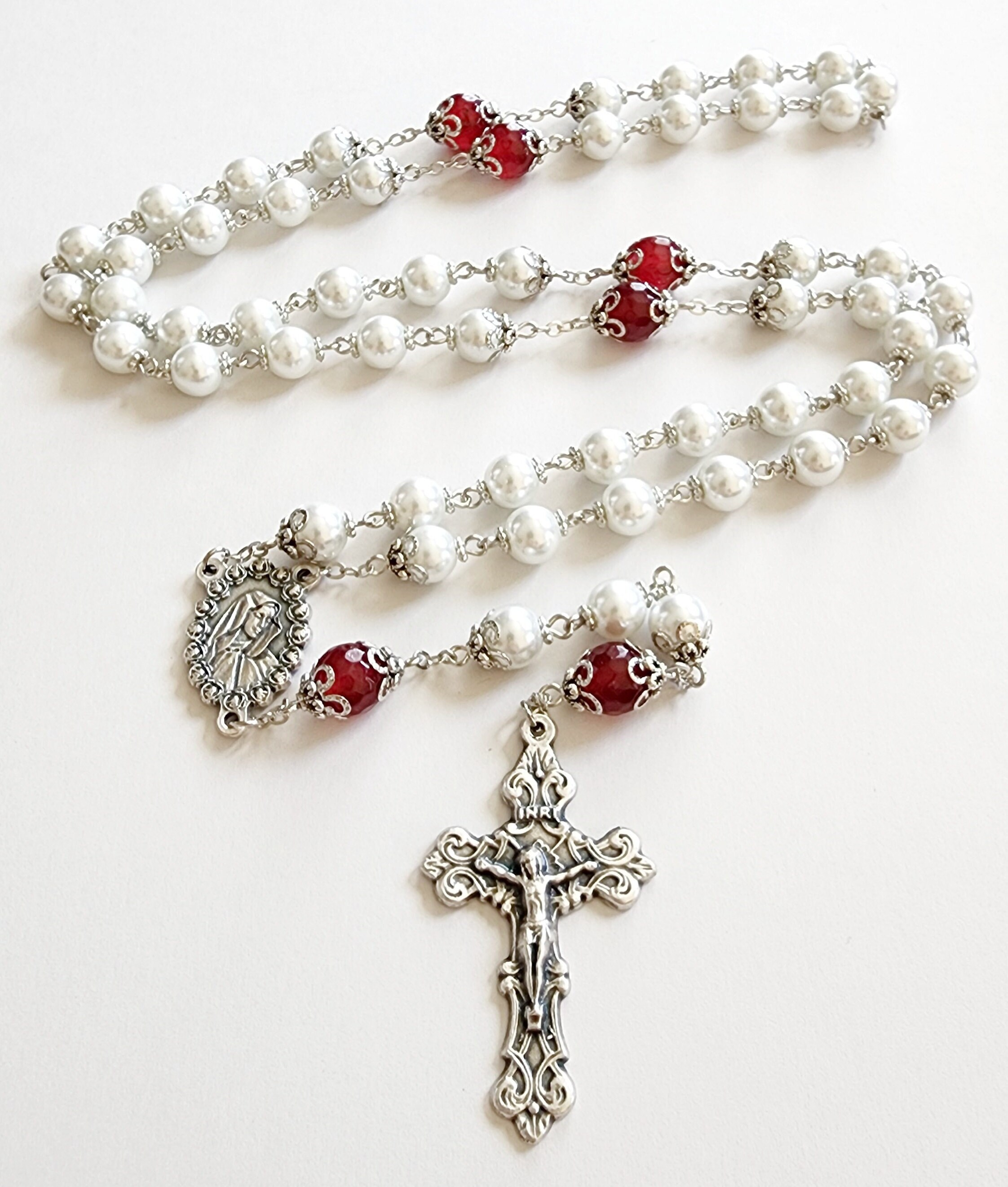 Our Lady of Grace Catholic Rosary Red Garnet White Pearl - Etsy
