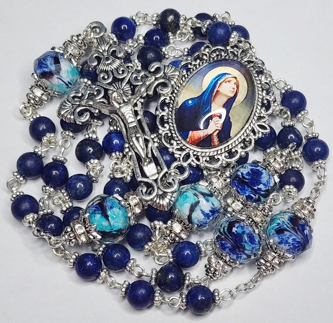 Our Lady of Sorrows Catholic Rosary, Genuine Blue Lapis Lazuli Lampwork ...