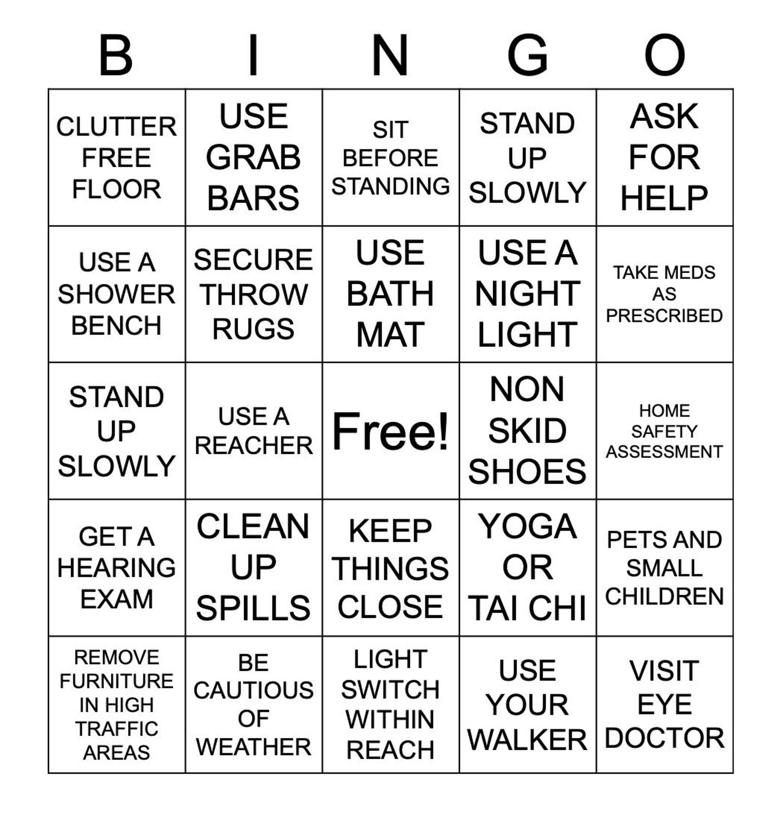 Fall Prevention BINGO - Etsy