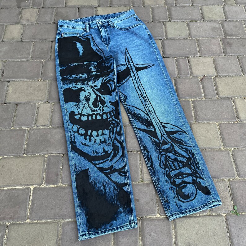 Grunge Jeans With Pattern Skeleton Bone Mens Fashion Y2k Style Vintage ...
