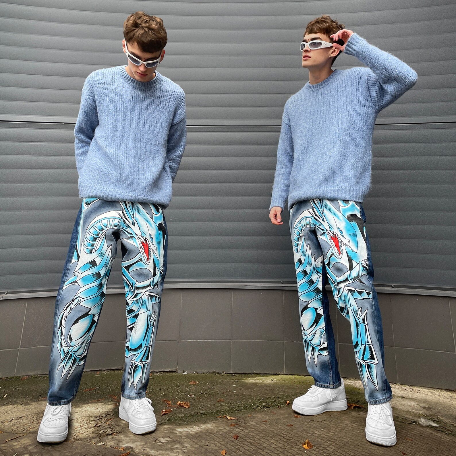 Blue Anime Jeans Manga Denim Y2k Style Baggy Fit Swag Streetwear W30/32 ...