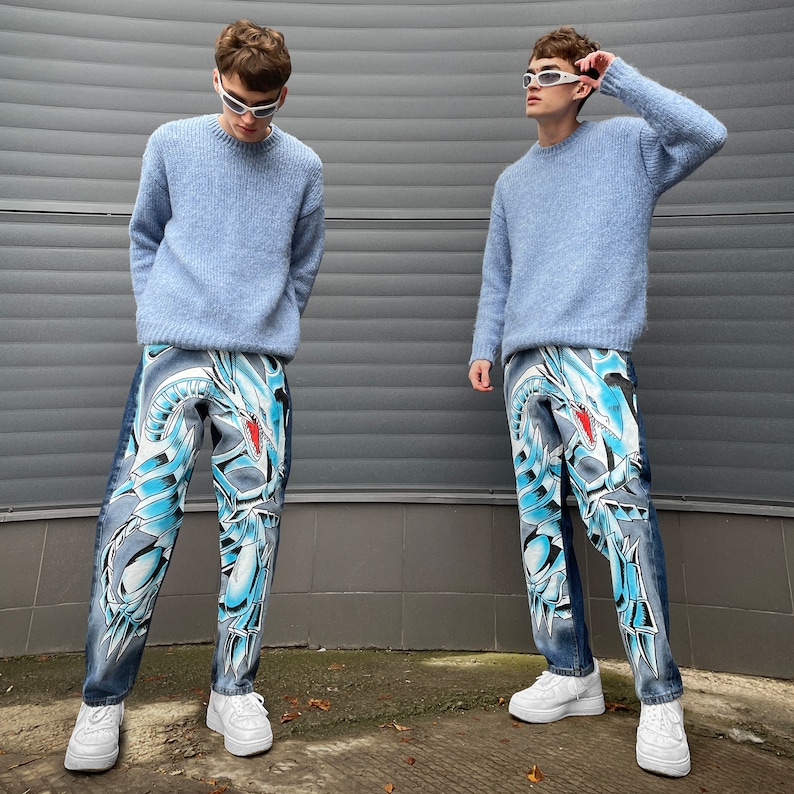 Blue Anime Jeans Manga Denim Y2k Style Baggy Fit Swag Streetwear W30/32 ...