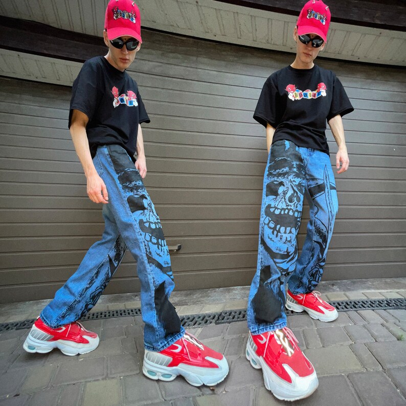 Grunge Jeans With Pattern Skeleton Bone Mens Fashion Y2k Style Vintage ...