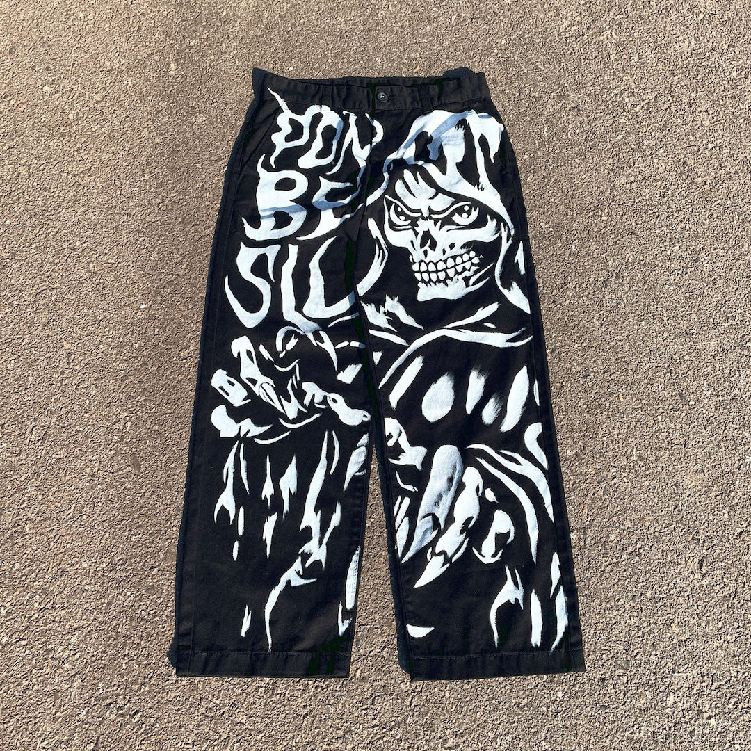 Grunge Jeans With Pattern Skeleton Bone Mens Fashion Y2k Style Vintage ...