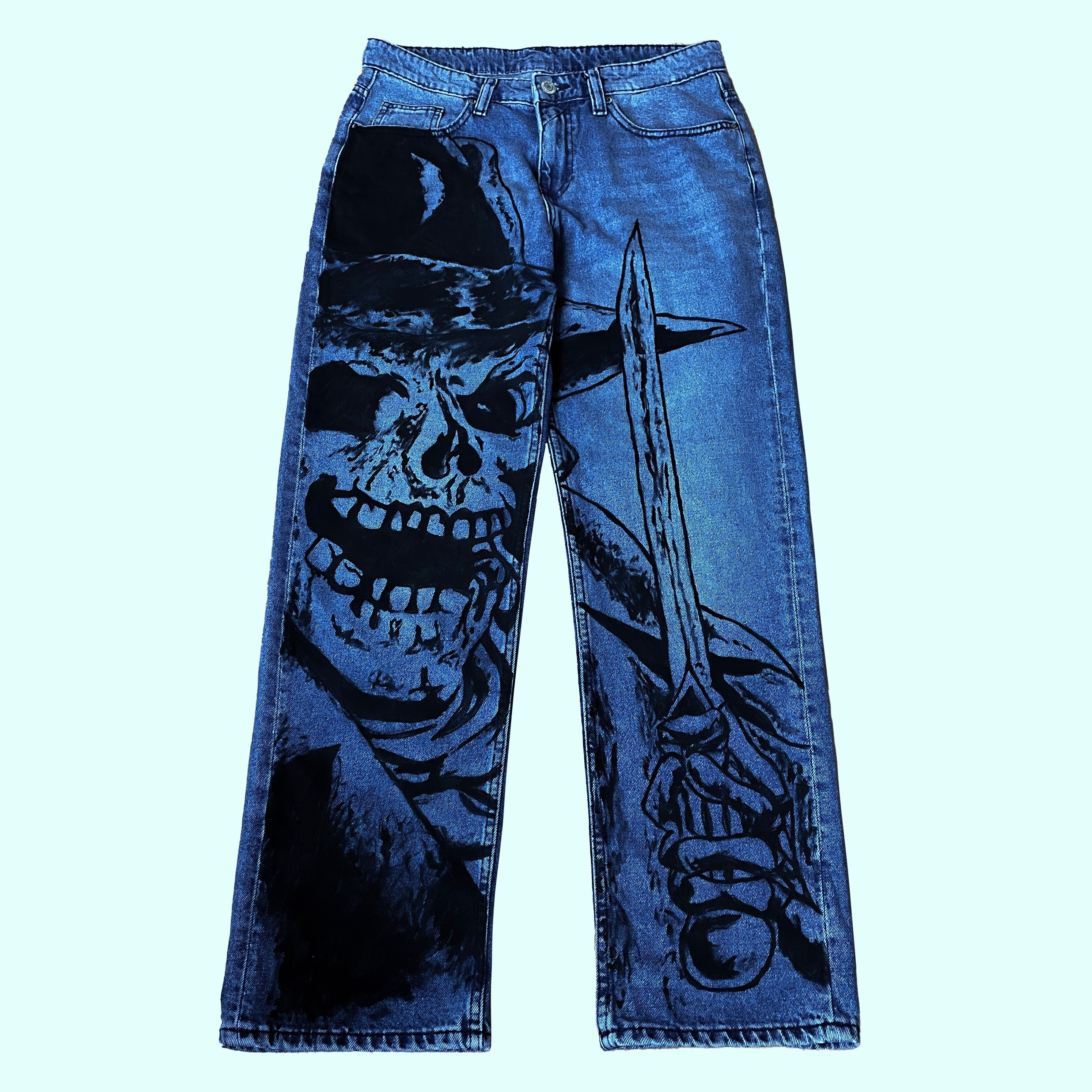 Grunge Jeans With Pattern Skeleton Bone Mens Fashion Y2k Style Vintage ...