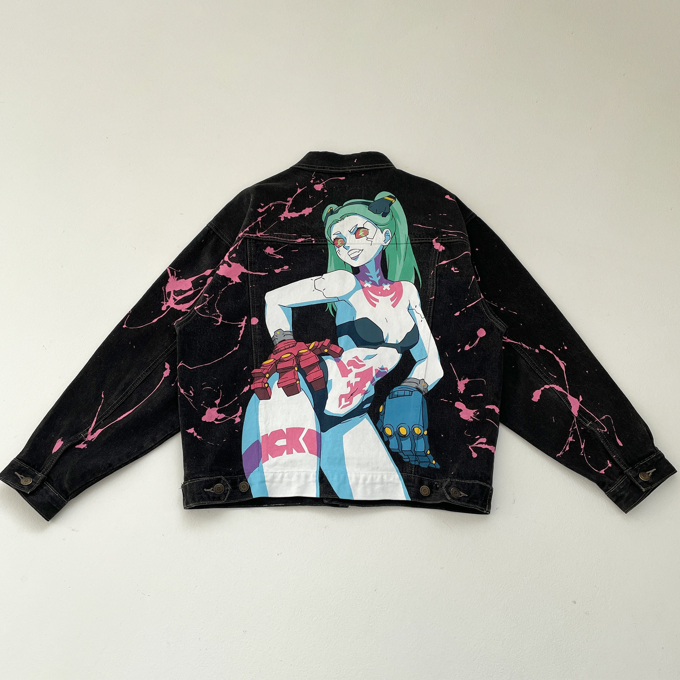 Black Denim Anime Jacket Overshirt Y2k Style Baggy Fit Swag Streetwear ...