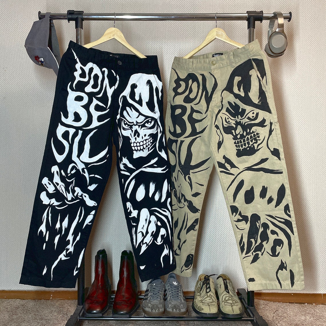 Grunge Jeans With Pattern Skeleton Bone Mens Fashion Y2k Style - Etsy