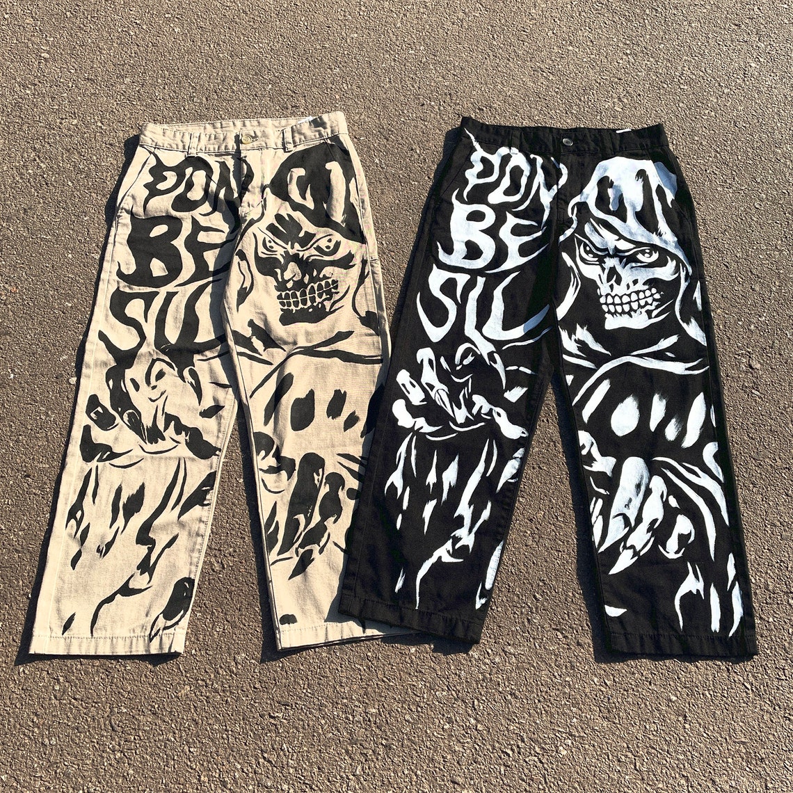 Grunge Jeans With Pattern Skeleton Bone Mens Fashion Y2k Style Vintage ...