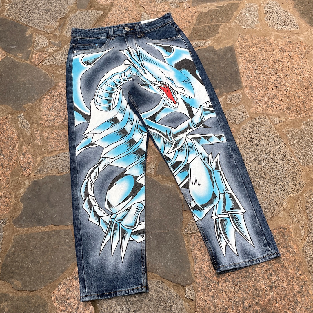 Blue Anime Jeans Manga Denim Y2k Style Baggy Fit Swag Streetwear W30/32 ...