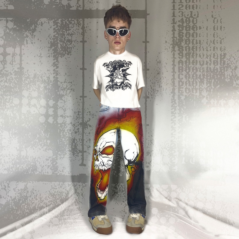 Blue Custom Jeans With Pattern Vintage Cartoon Style Denim Y2k Style ...