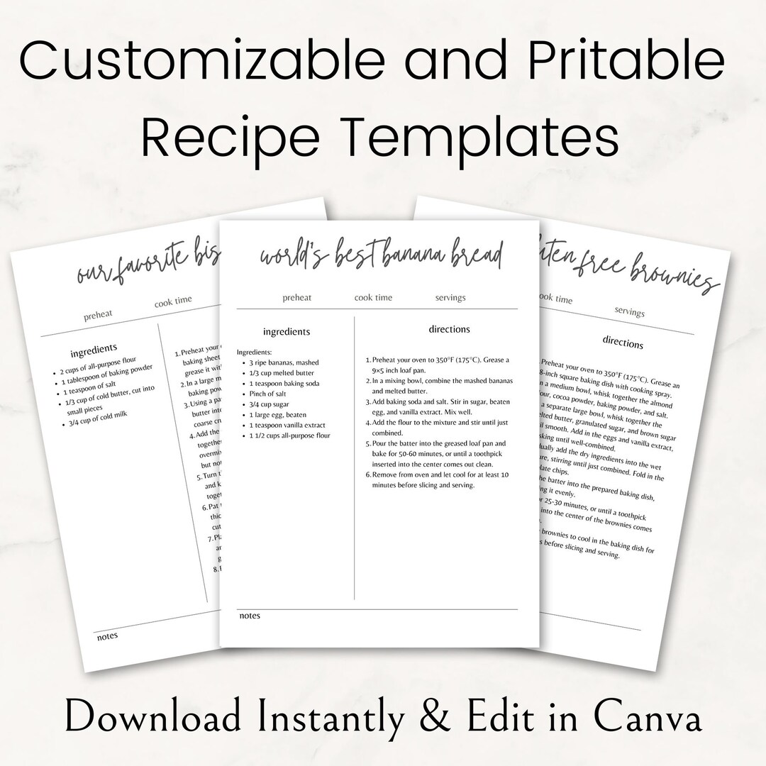 Editable Printable Recipe Template, Minimal Recipe Template, Simple ...