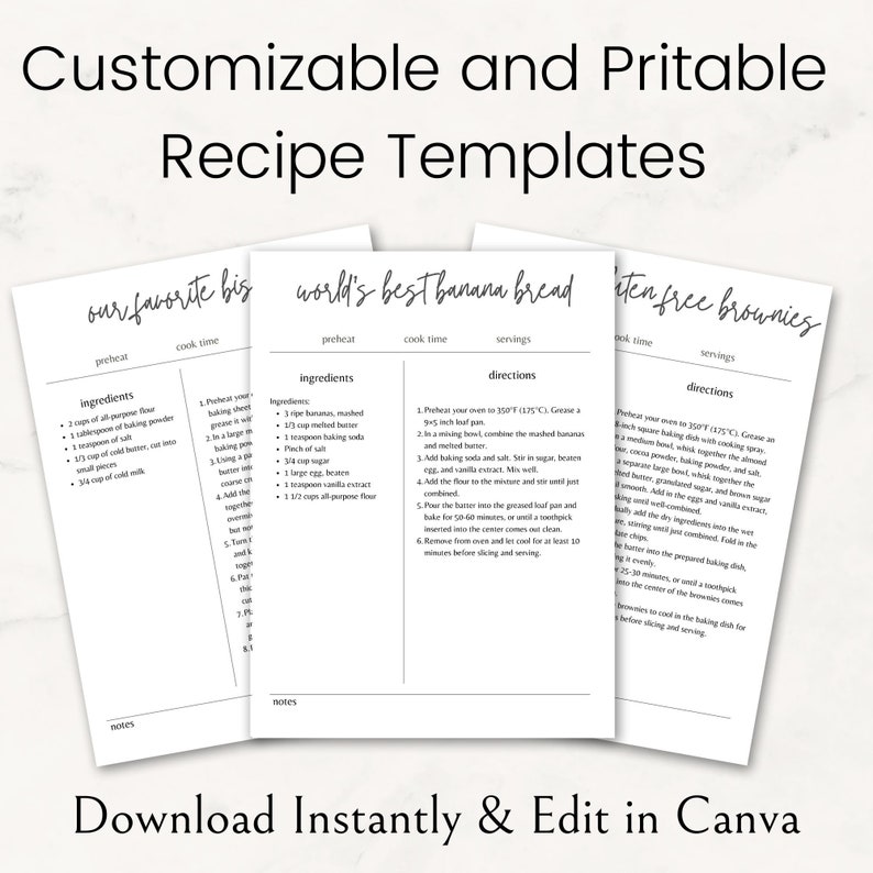 Editable Printable Recipe Template, Minimal Recipe Template, Simple ...