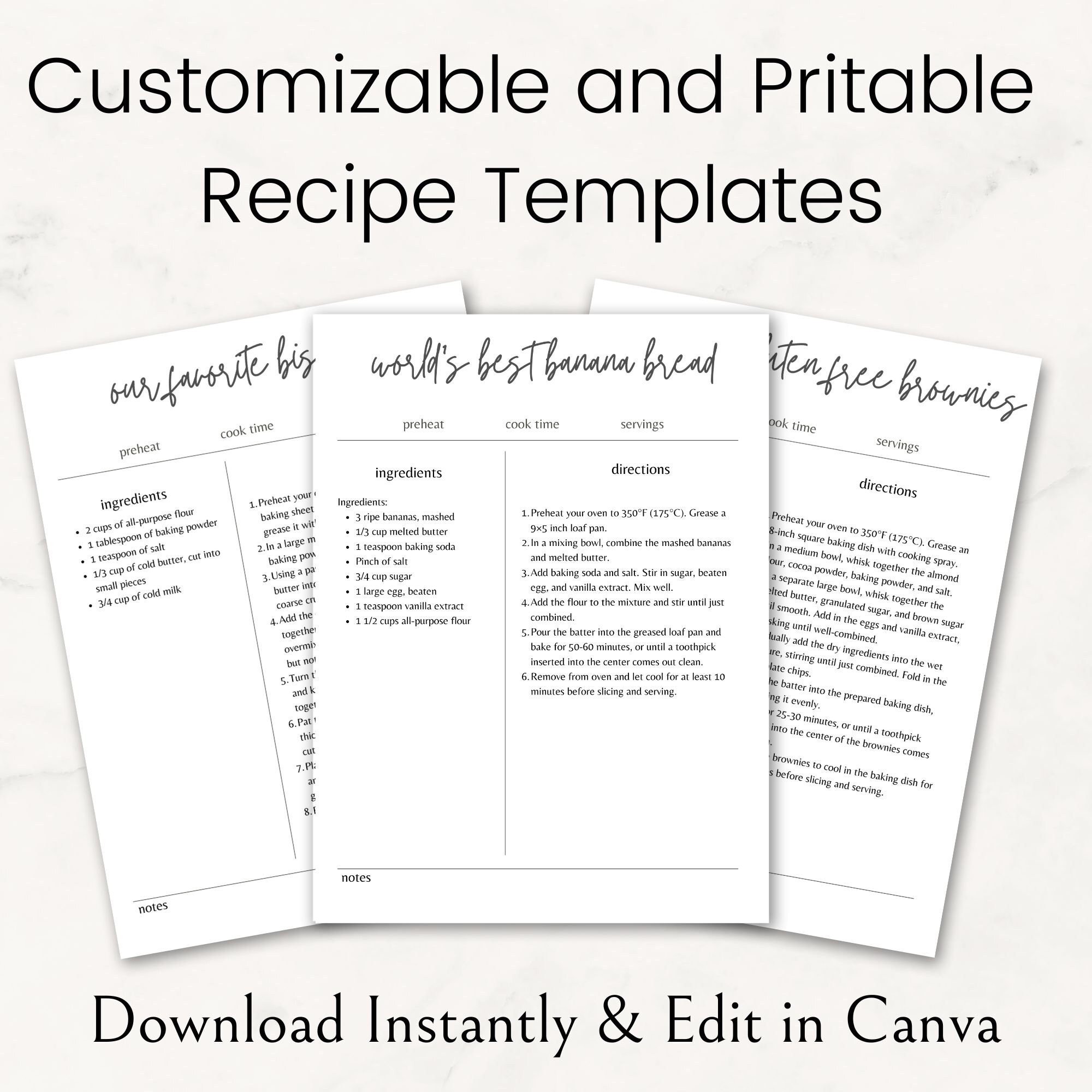 Editable Printable Recipe Template, Minimal Recipe Template, Simple ...
