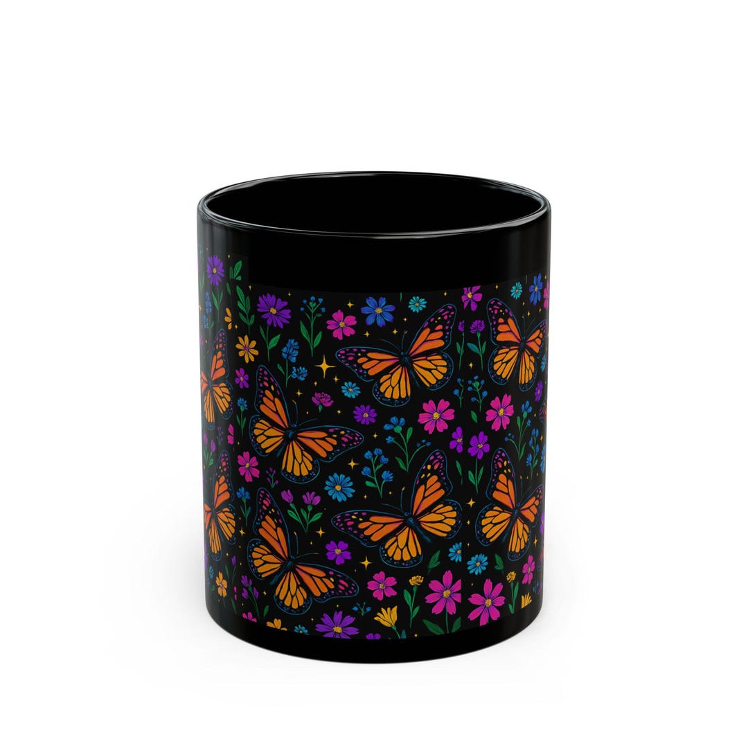 Monarch Butterflies Floral Pattern Mug | Black Ceramic Mug - Etsy
