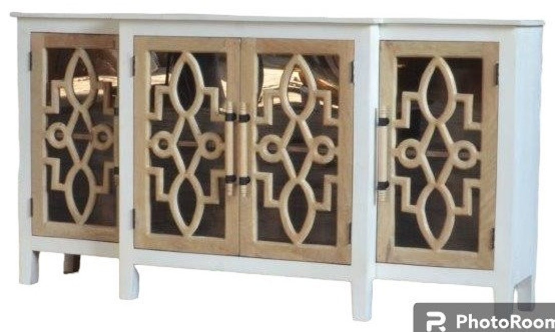 Coastal Carved Solid Wood Glass Door Tall Entryway Credenza Breakfront ...