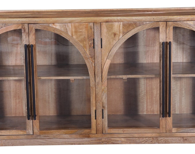 Rustic Farmhouse Solid Mango Wood Arch Glass Door Entryway Credenza ...