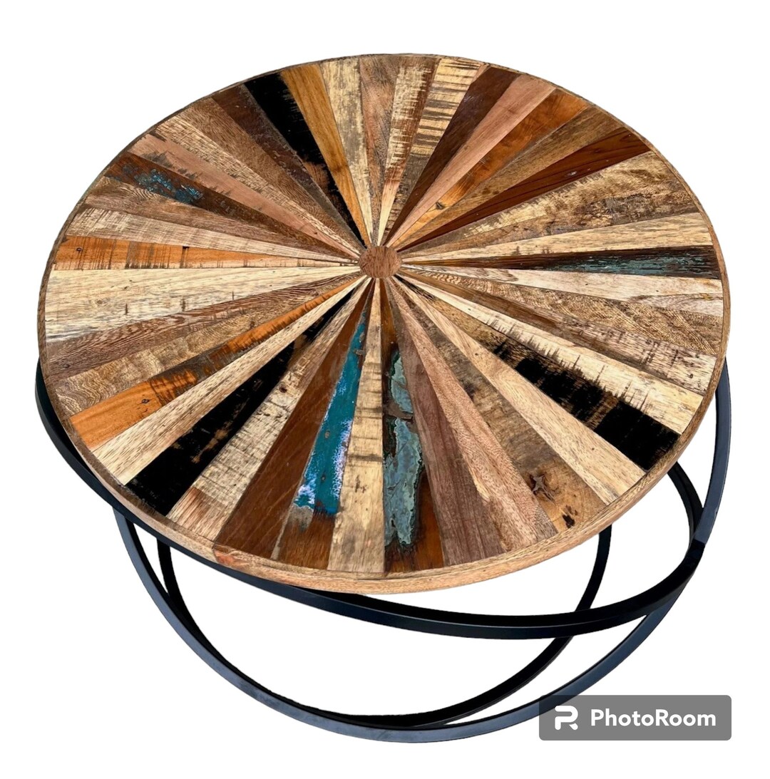 Urban Chic Round Teak Wood Top Abstract Industrial Iron Base Accent ...