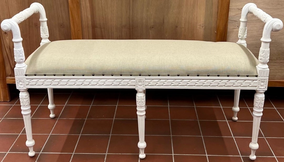 French Country Cottage Chippy White Window Settee Upholstered Entryway ...