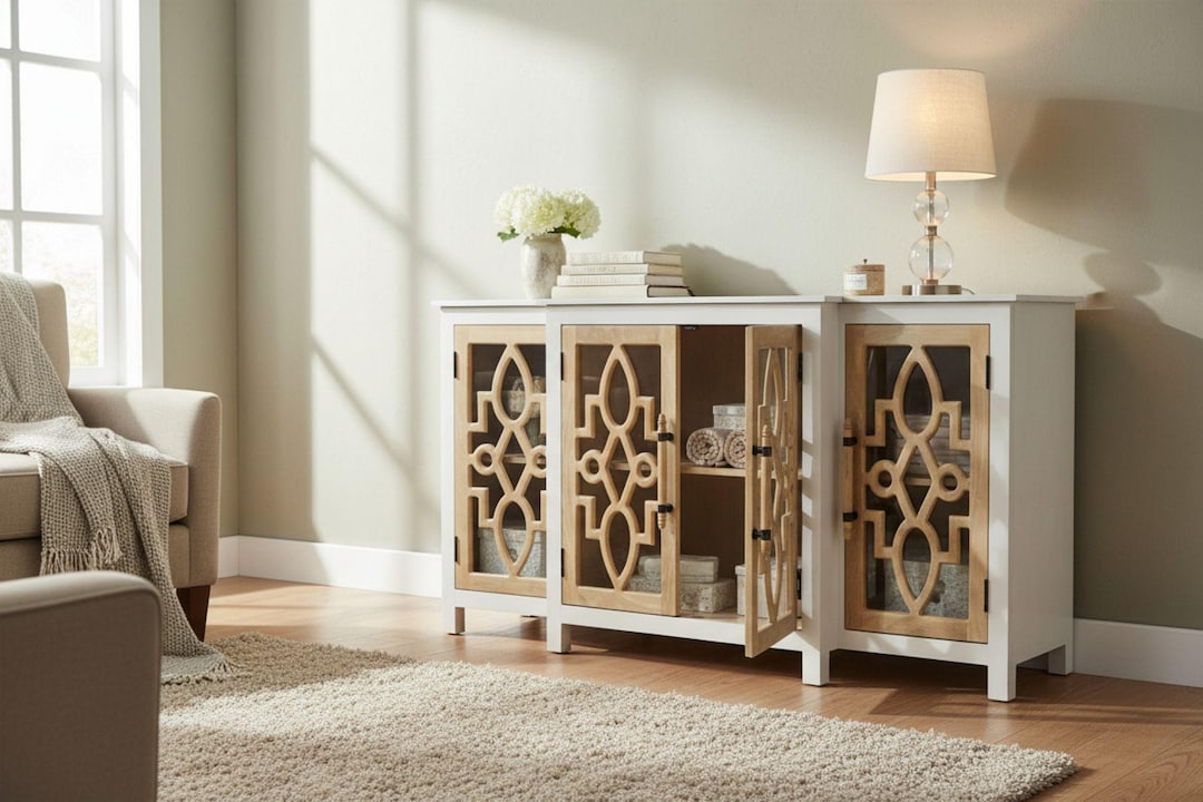 Modern Coastal Breakfront Credenza 2 Tone White Natural Finish Solid ...