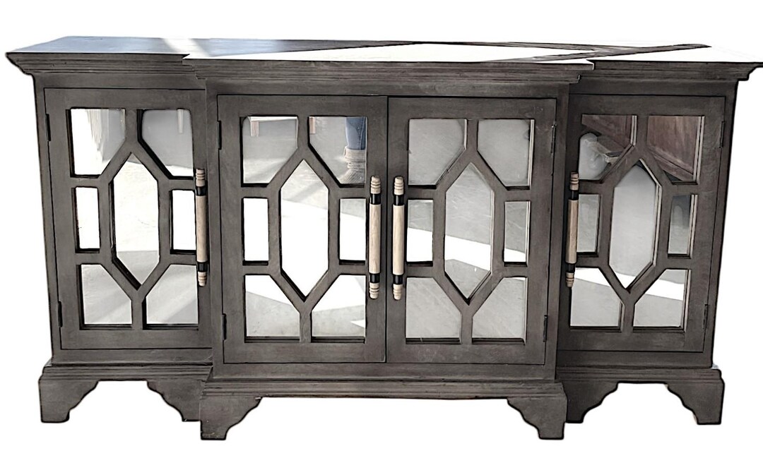 Coastal Entryway Credenza Tall Solid Wood Media Console Mirror Door ...