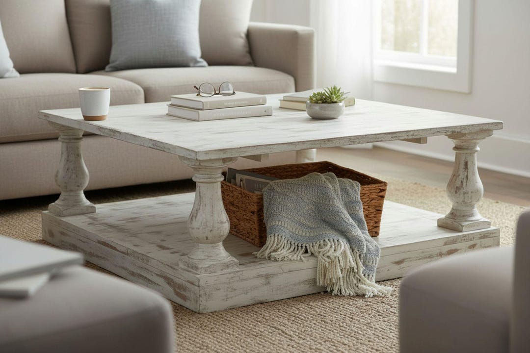 Shabby Chic Chunky Square Cocktail Coffee Table Solid Wood With Floor ...