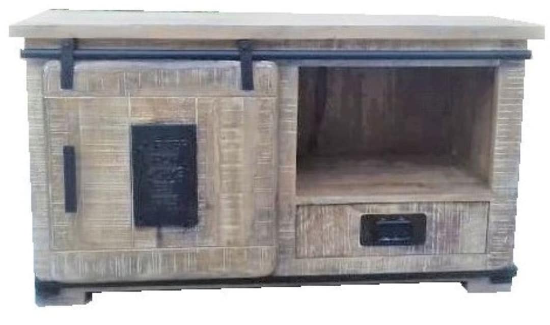 Industrial Jupiter Iron Sliding Door Solid Wood Open Shelf Rustic Media ...