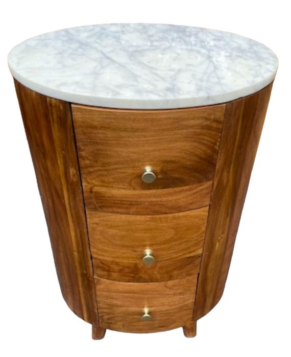 Modern Farmhouse Pair of Compact Oval Nightstands Narrow Chest of 3 Drawer Bed Side Table Solid Mango Wood Natural Finish White Marble Top Etsy