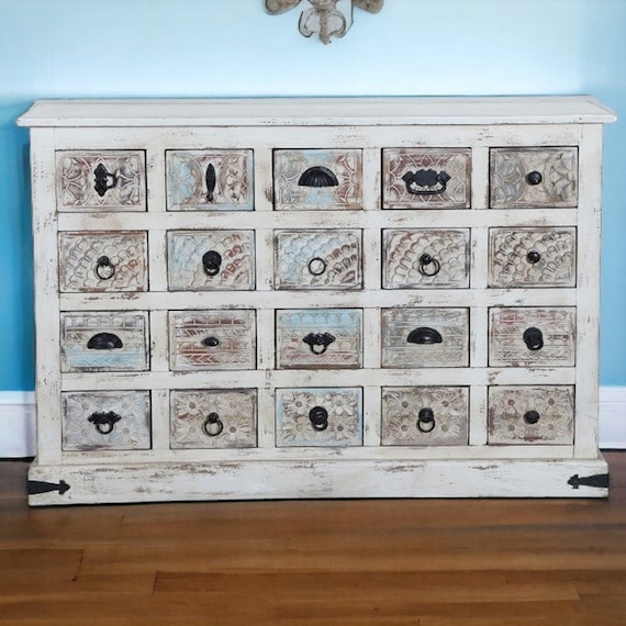 Coastal Boho Carved Flowers Seashells Distressed White Ocean Blue Apothecary Chest of 20 Small Drawers Cabinet Narrow Entryway Console Etsy
