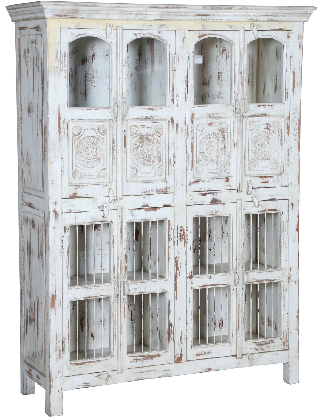 Shabby Chic Distressed White Finish Reclaimed Wood Tin Back Carved ...