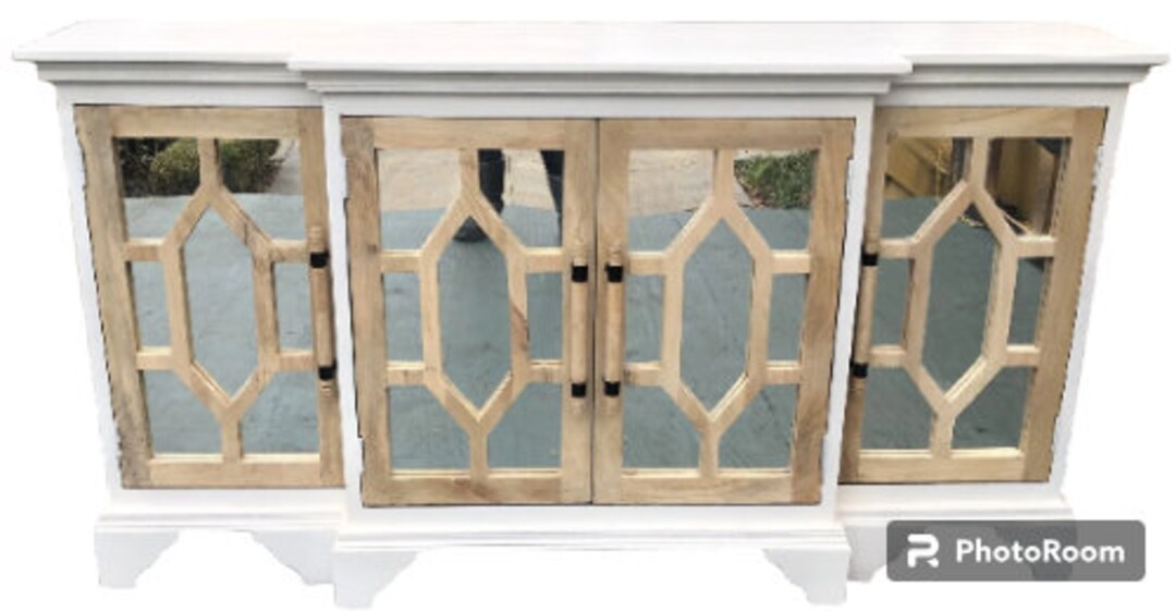 Coastal Carved Solid Wood Mirror Door Tall Entryway Credenza Breakfront ...