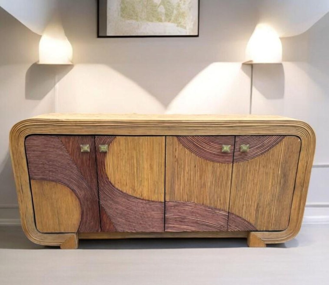 MCM Coastal Boho 4 Door Reed Over Solid Mango Wood Entryway Credenza ...