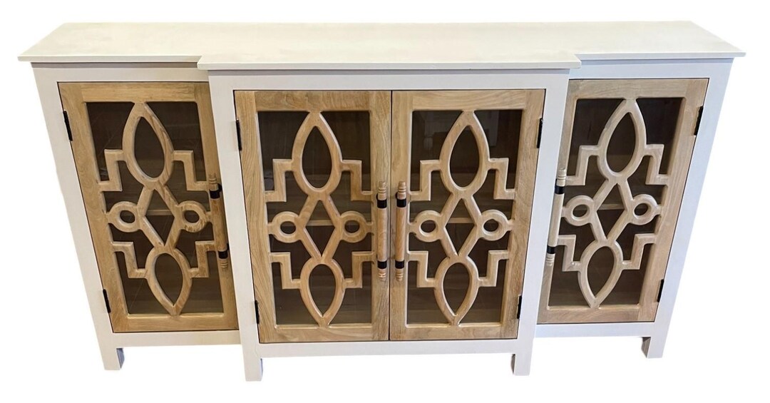 Hand Crafted Mango Wood Credenza: Modern Farmhouse Glass Door Console ...