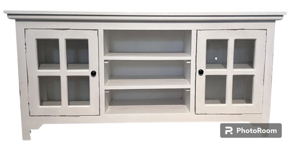 Coastal Glass Door Open Shelf Solid Wood Distressed White Media Console Cabinet Driftwood Finish Etsy