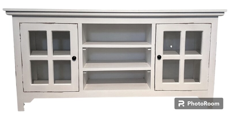 Coastal Glass Door Open Shelf Solid Wood Distressed White Media Console ...