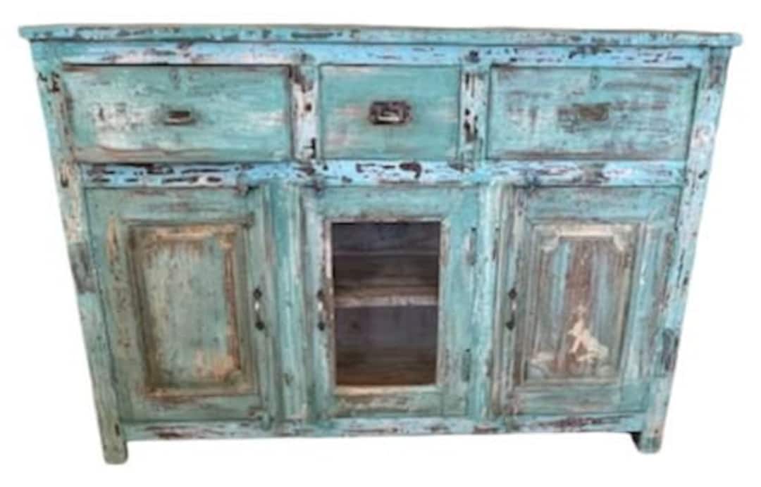 Rustic Farmhouse Cabinet Glass Solid Wood Glass Door Buffet Server ...