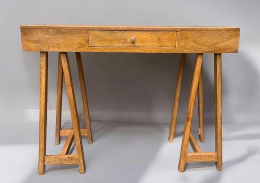 Compact Small Room Friendly Single Drawer Sawhorse Desk Work Table Solid Mango Wood Natural Finish Etsy