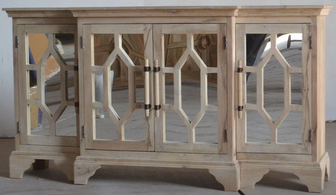 Coastal Carved Solid Wood Mirror Door Tall Entryway Credenza Breakfront ...