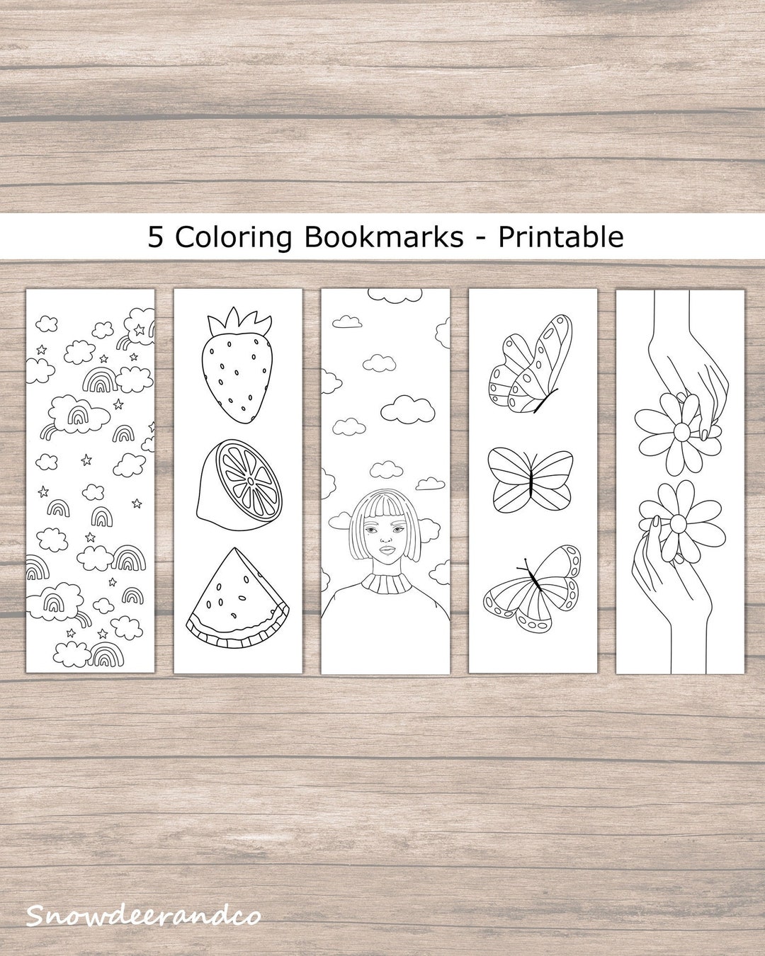 Printable Bookmark Coloring Bookmarks Printable Set of 5 Hand-drawn ...