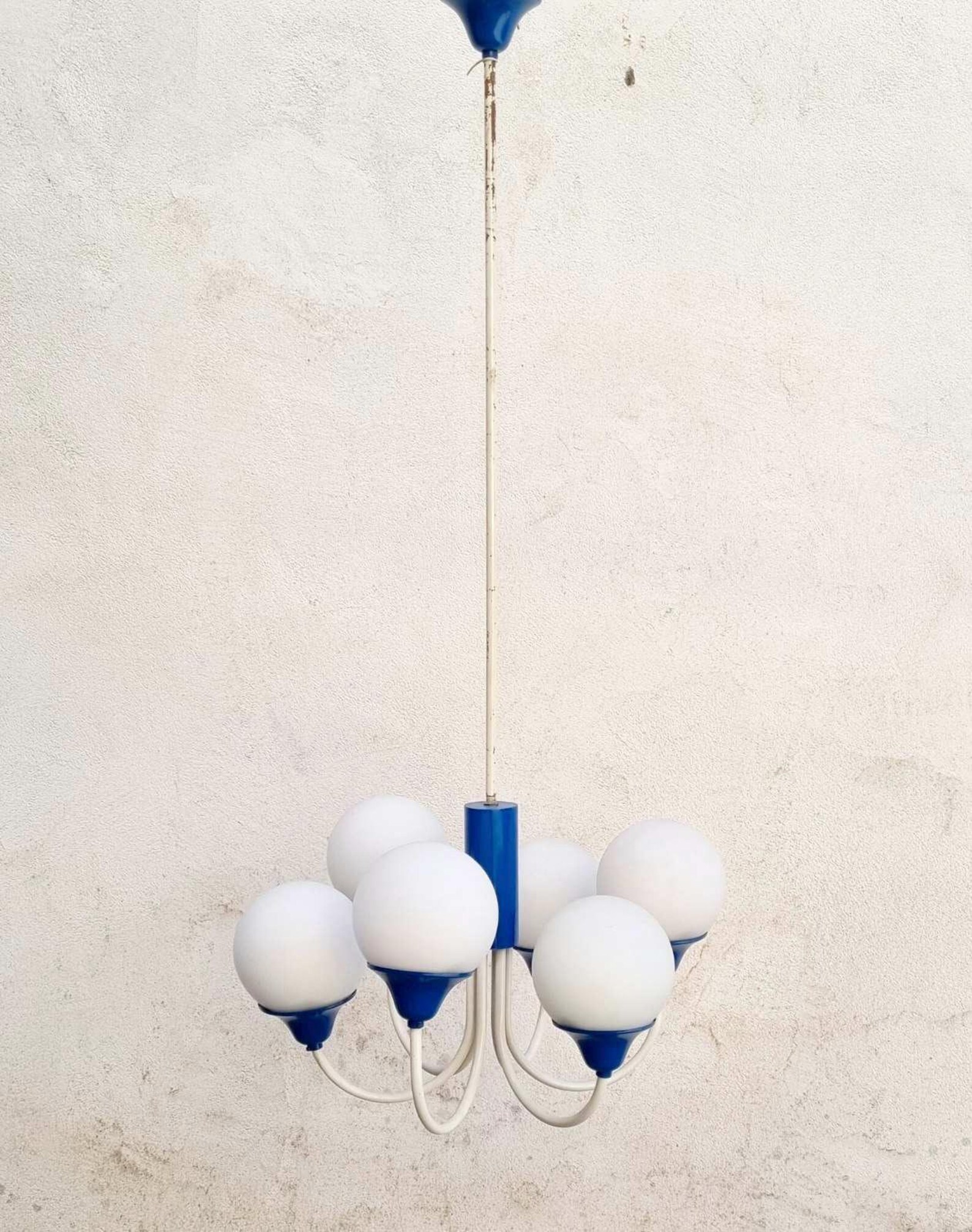 Mid Century Opaline Blue Hanging Light / Six Bulb Pendant Lamp ...