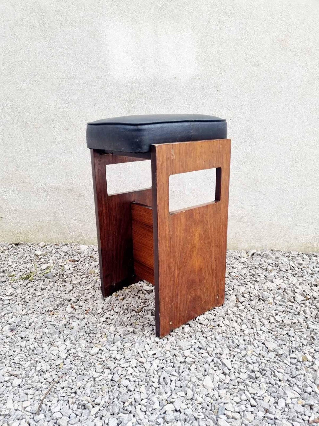 Mid Century Leather Stool / Vintage Chair / Wooden Brown Stool ...
