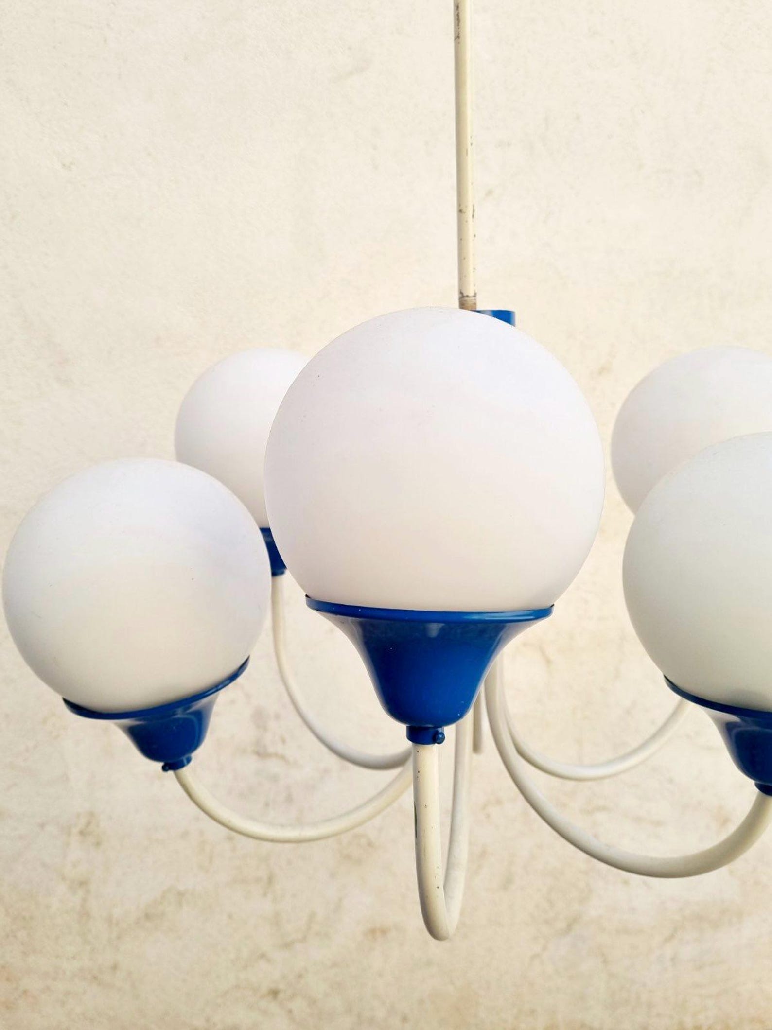 Mid Century Opaline Blue Hanging Light / Six Bulb Pendant Lamp ...