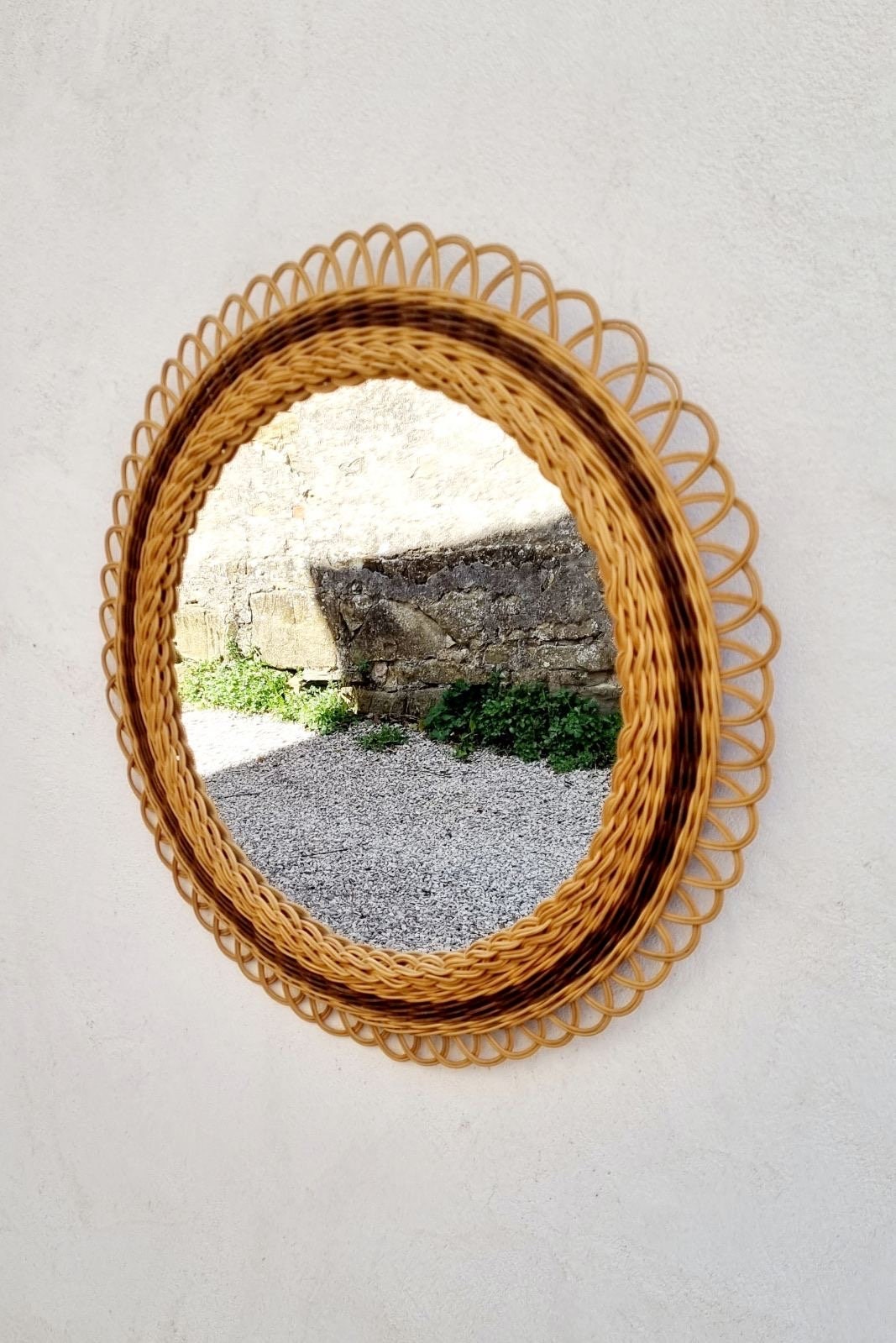 Mid Century Wall Mirror / Vintage Rattan Round Wall Mirror / Franco ...