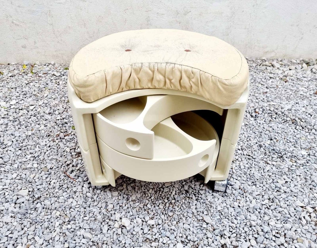 Mid Century Wooden Trolley Leather Stool / Petineuse Stool With Drawers ...